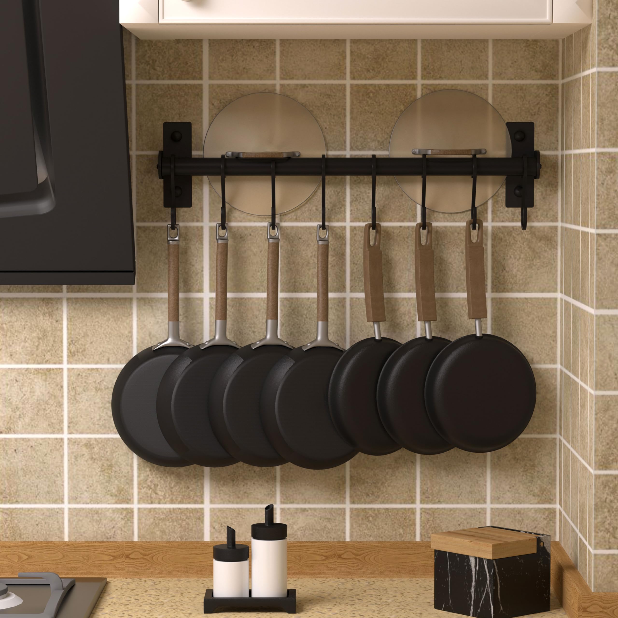 Dseap Pot Rack - Pots and Pans Hanging Rack Rail with 8 Hooks, Pot Hangers for Kitchen, Wall Mounted, Black