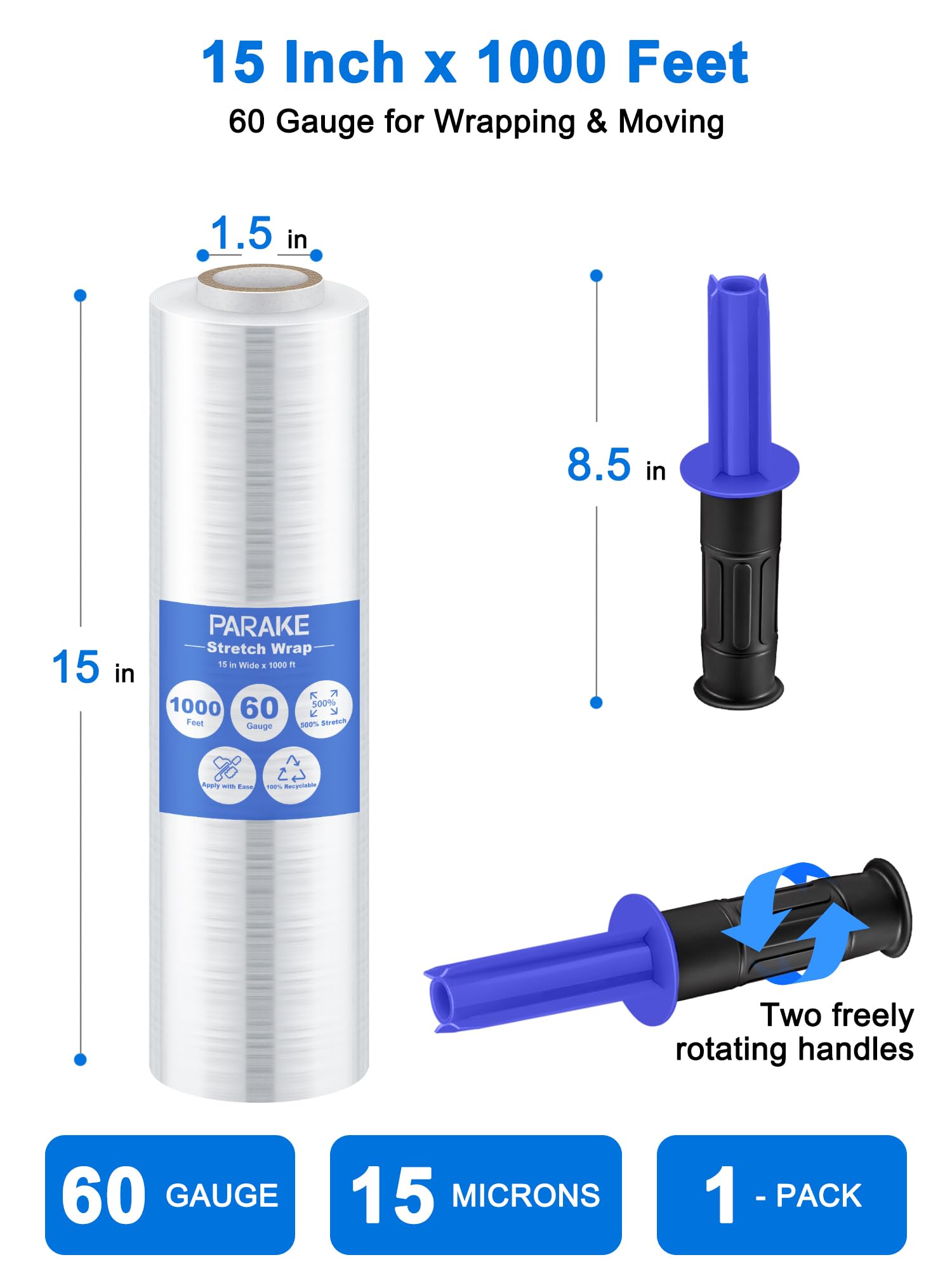 PARAKE 2-Pack Stretch Wrap Film, 15 Inch x 1000 Feet Shrink Wrap with Handles, Industrial Strength Plastic Wrap Roll, Heavy-Duty Shrink Film Roll, for Moving Storage Pallet Packing, 60 Gauge, Clear