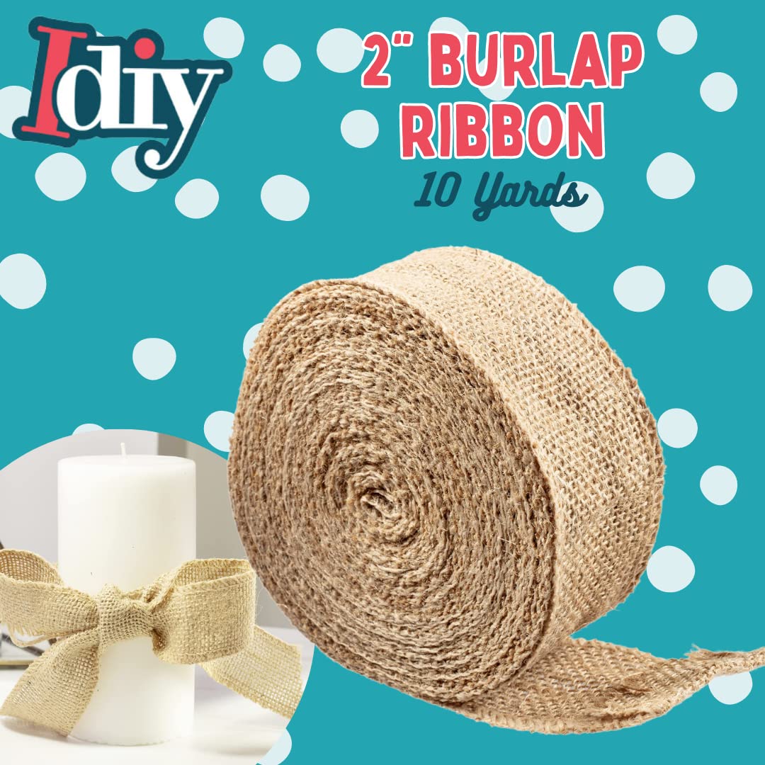 Idiy Natural Burlap Ribbons (2" Wide, 10 Yards) - No Wire,100% Jute - Great for DIY Crafts and Projects, Gift Wrapping, Wedding Decoration, and More!