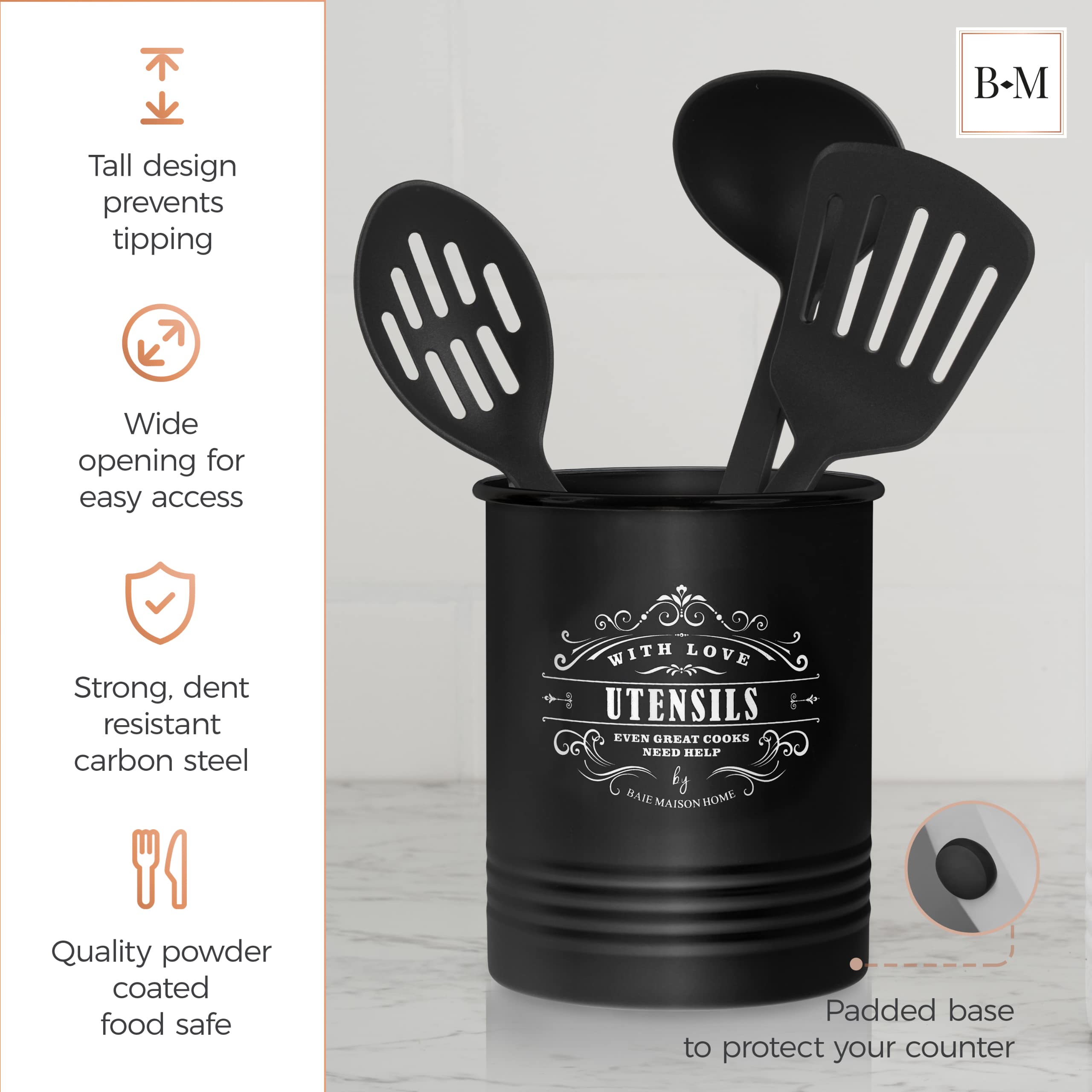 Baie Maison Large Kitchen Utensil Holder for Countertop - Farmhouse Kitchen Tools Storage Organizer Utensil Crock - Black Cooking Utensil Holder for Kitchen Counter - Utensil Caddy Jar Spatula Holder