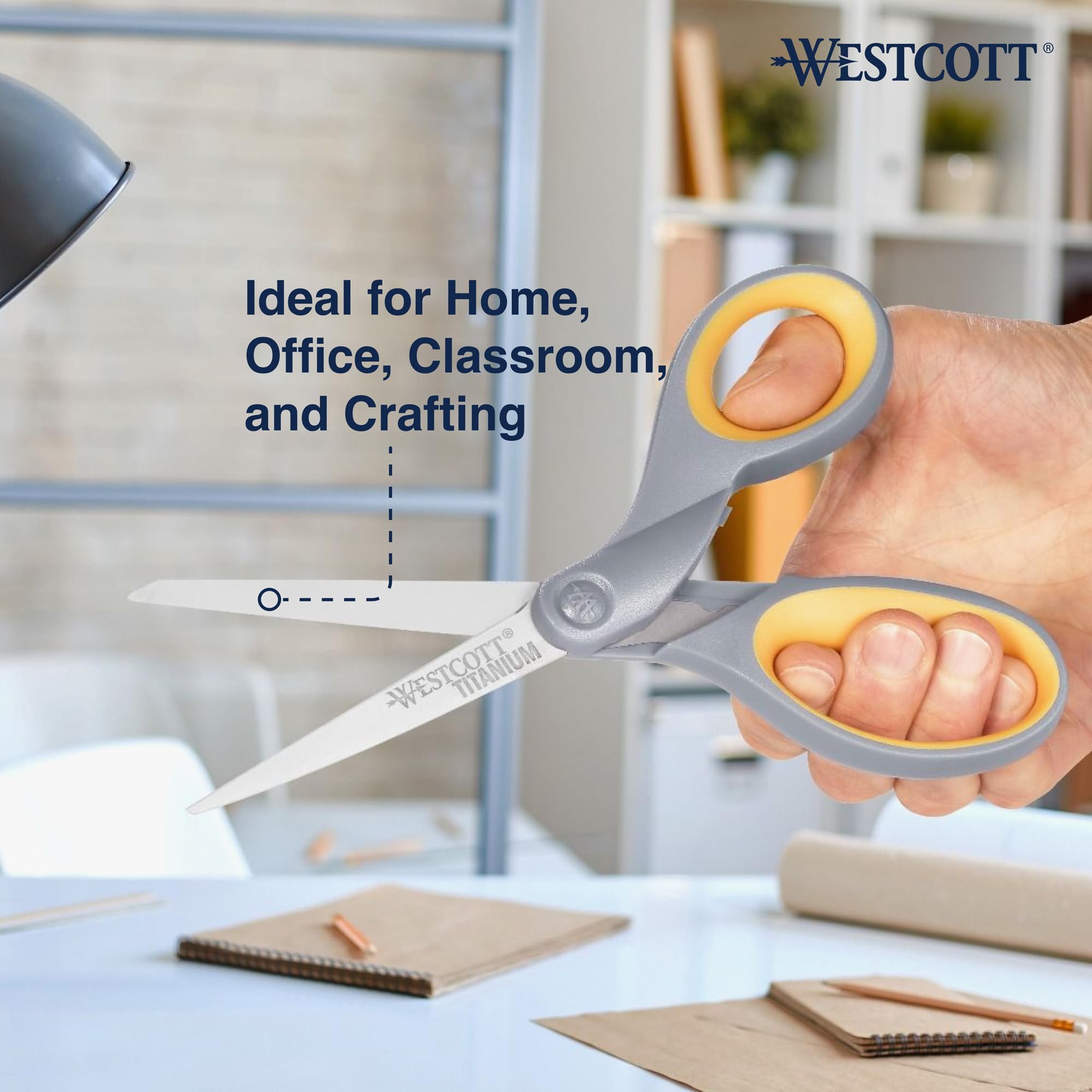 Westcott 17598 8-Inch Titanium Scissors For Office and Home, Yellow/Gray, 4 Pack