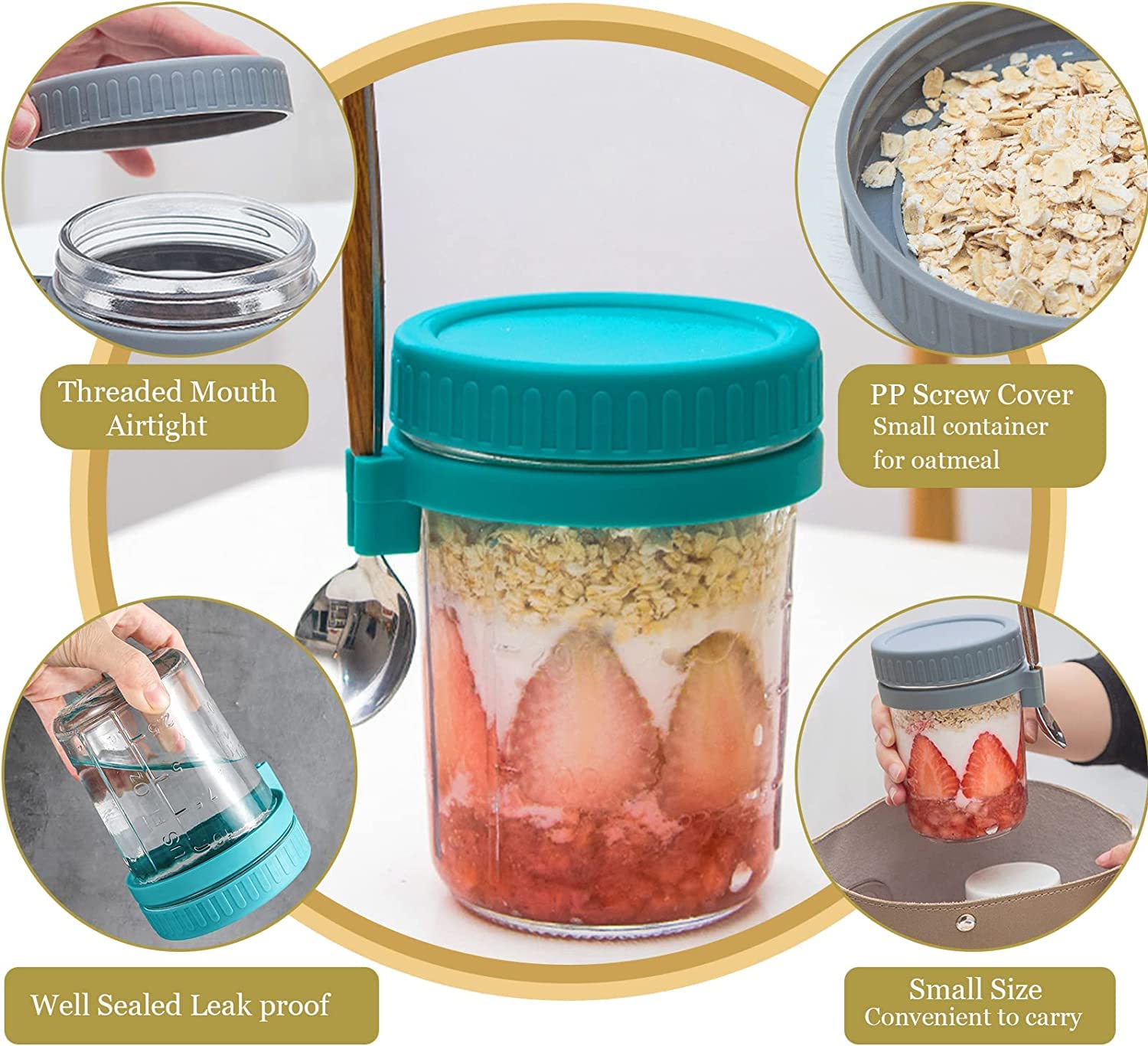 KesaPlan Overnight Oats Containers with Lid and Spoon Set of 2, 10 oz Large Airtight Capacity Overnight Oats Jars with Measurement Marks, Reusable On The Go Cups for Salads Yogurt Cereal Milk