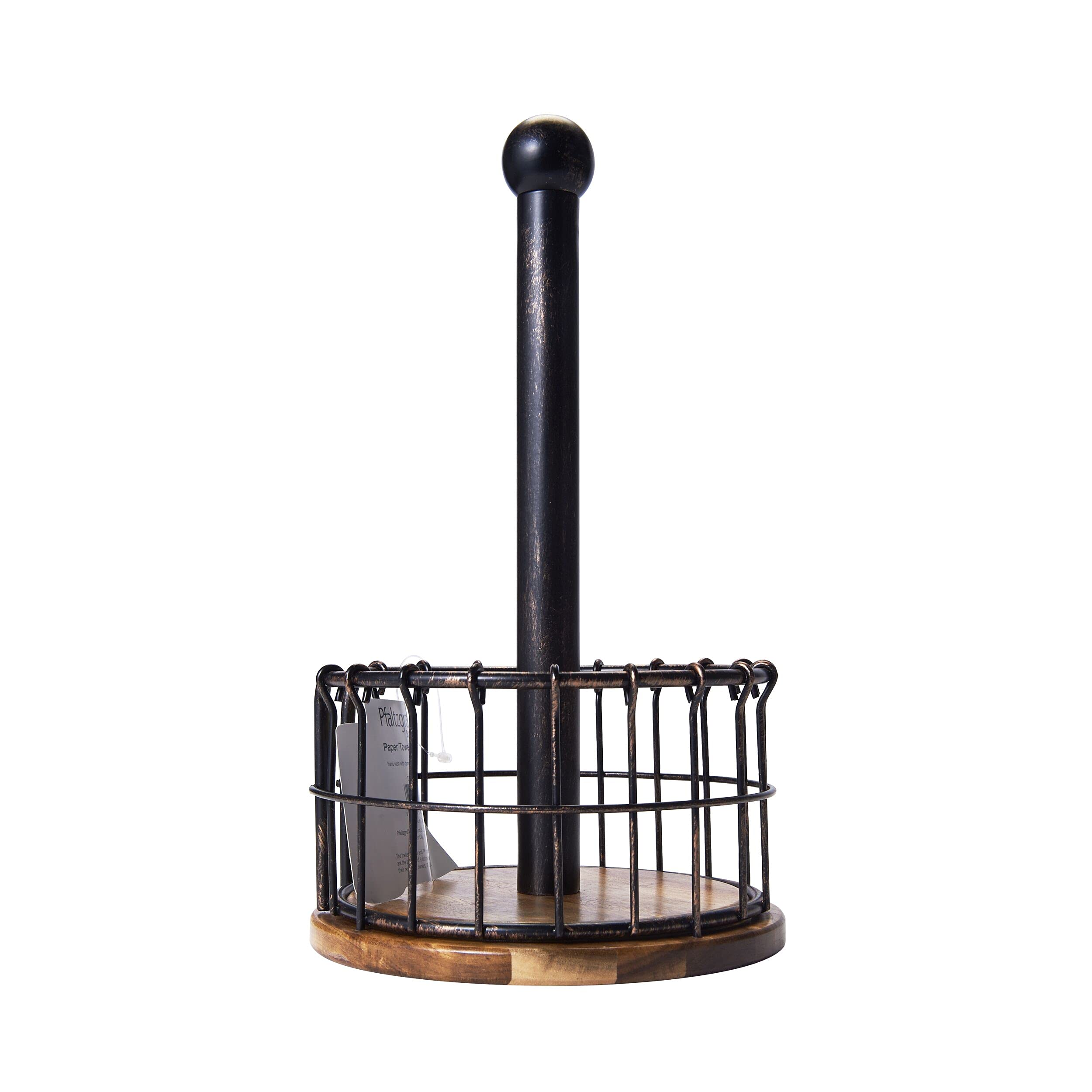 Pfaltzgraff Anvil Wire And Acacia Wood Paper Towel Holder, 13.25-Inch, Antique Black