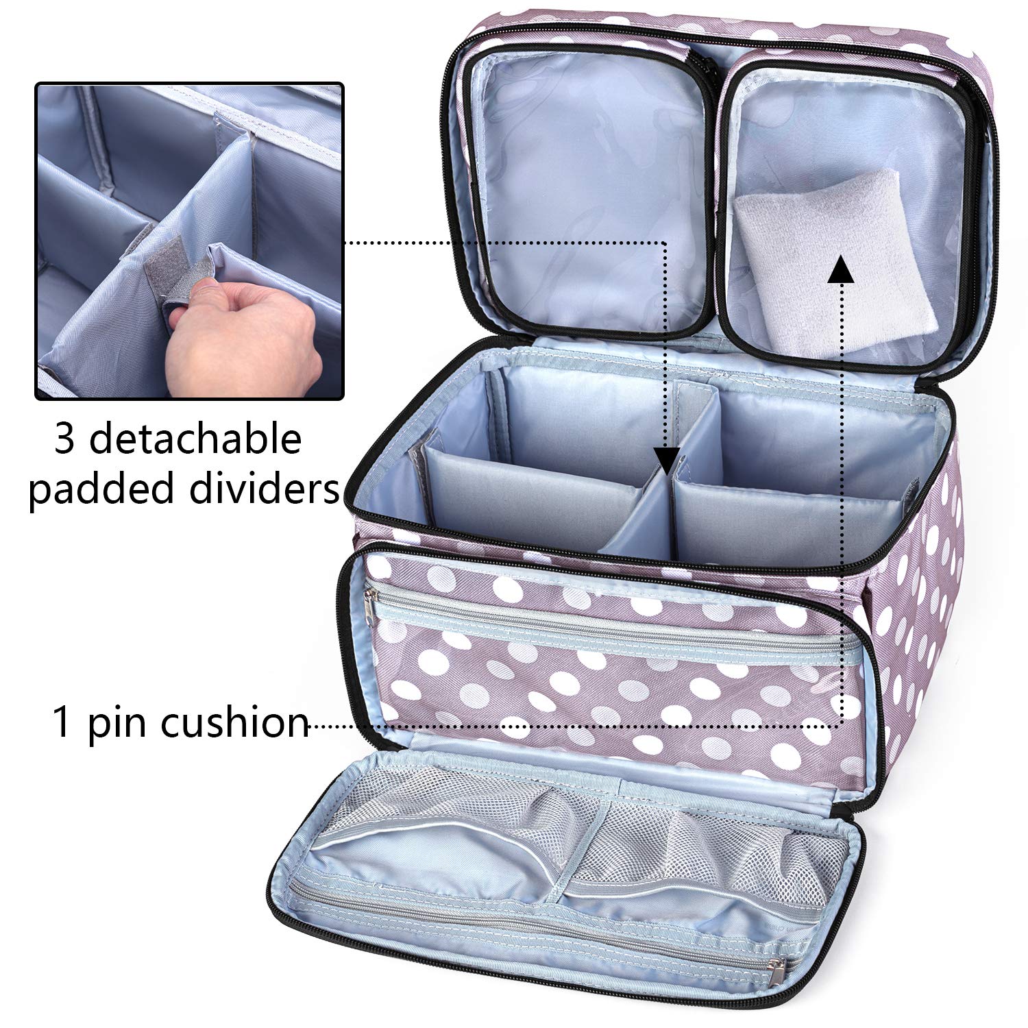 Luxja Sewing Accessories Organizer with 2 Detachable Clear Pockets, Sewing Supplies Organizer (Patent Design), Polka Dots