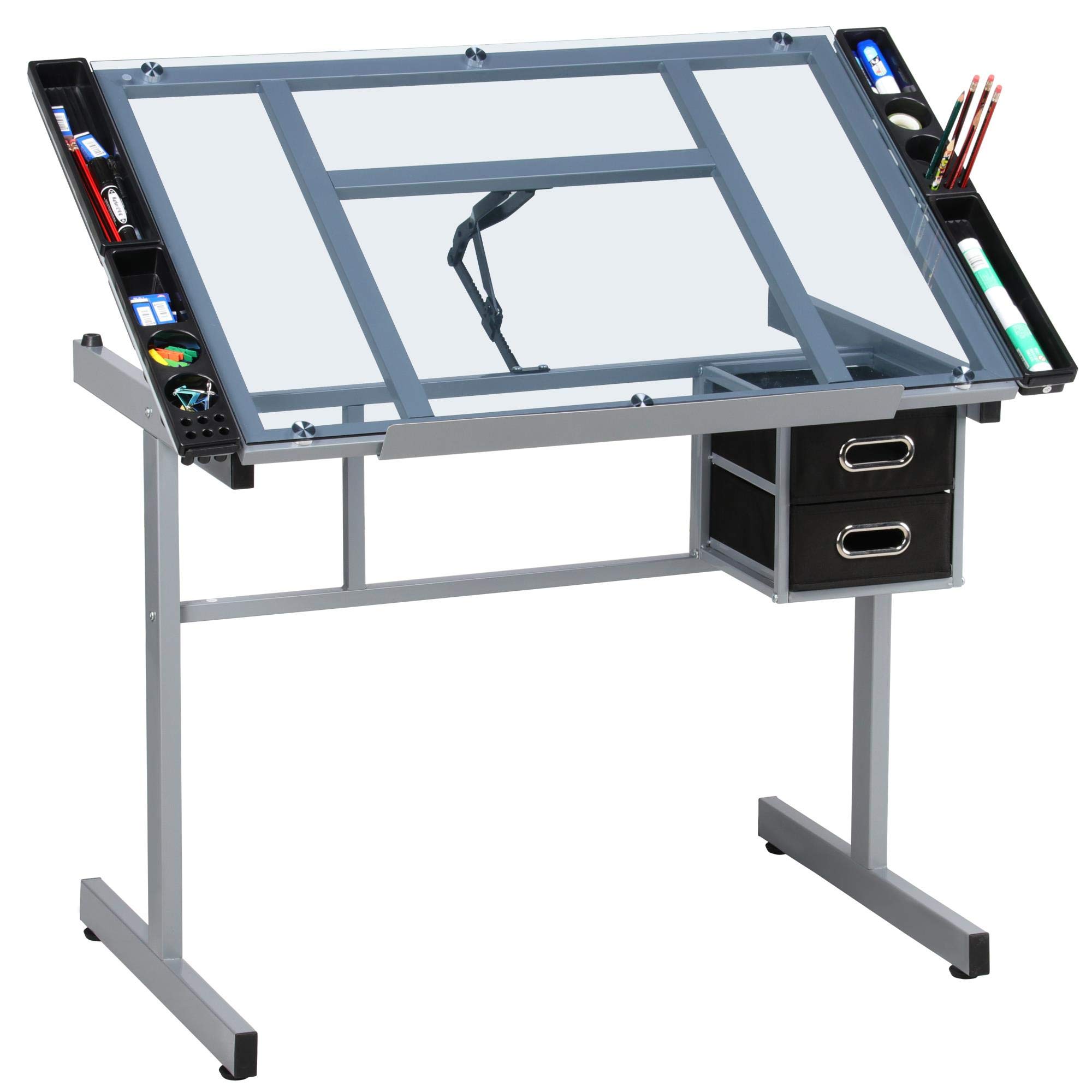 Yaheetech Adjustable Glass Drafting Table Drawing Desk Diamond Art Desk Versatile Art Craft Station Study Table w/ 2 Slide Rolling Wheels and Drawers for Artist Painters Home Office
