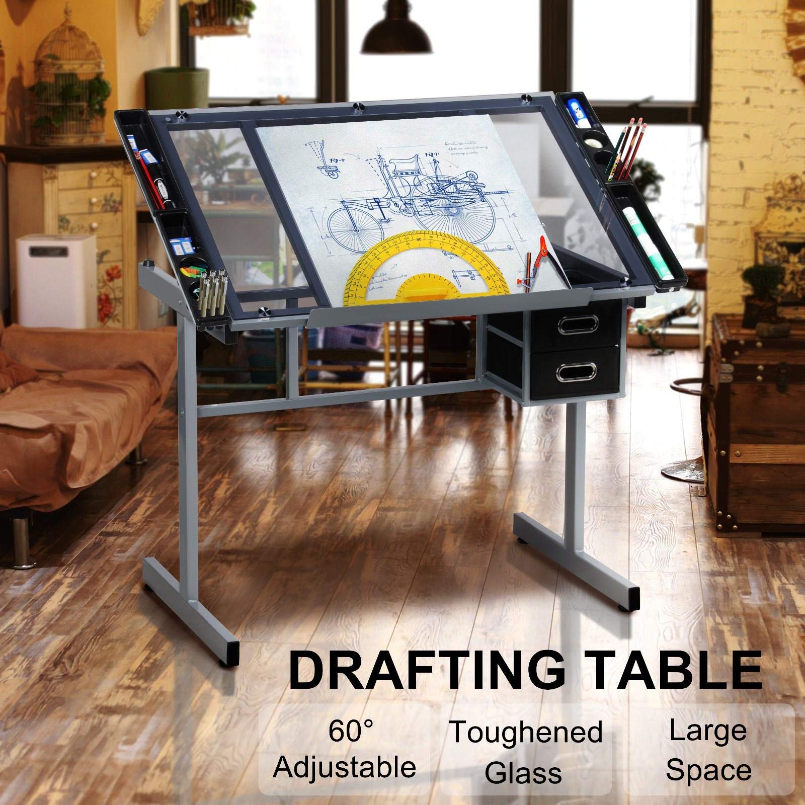 Yaheetech Adjustable Glass Drafting Table Drawing Desk Diamond Art Desk Versatile Art Craft Station Study Table w/ 2 Slide Rolling Wheels and Drawers for Artist Painters Home Office