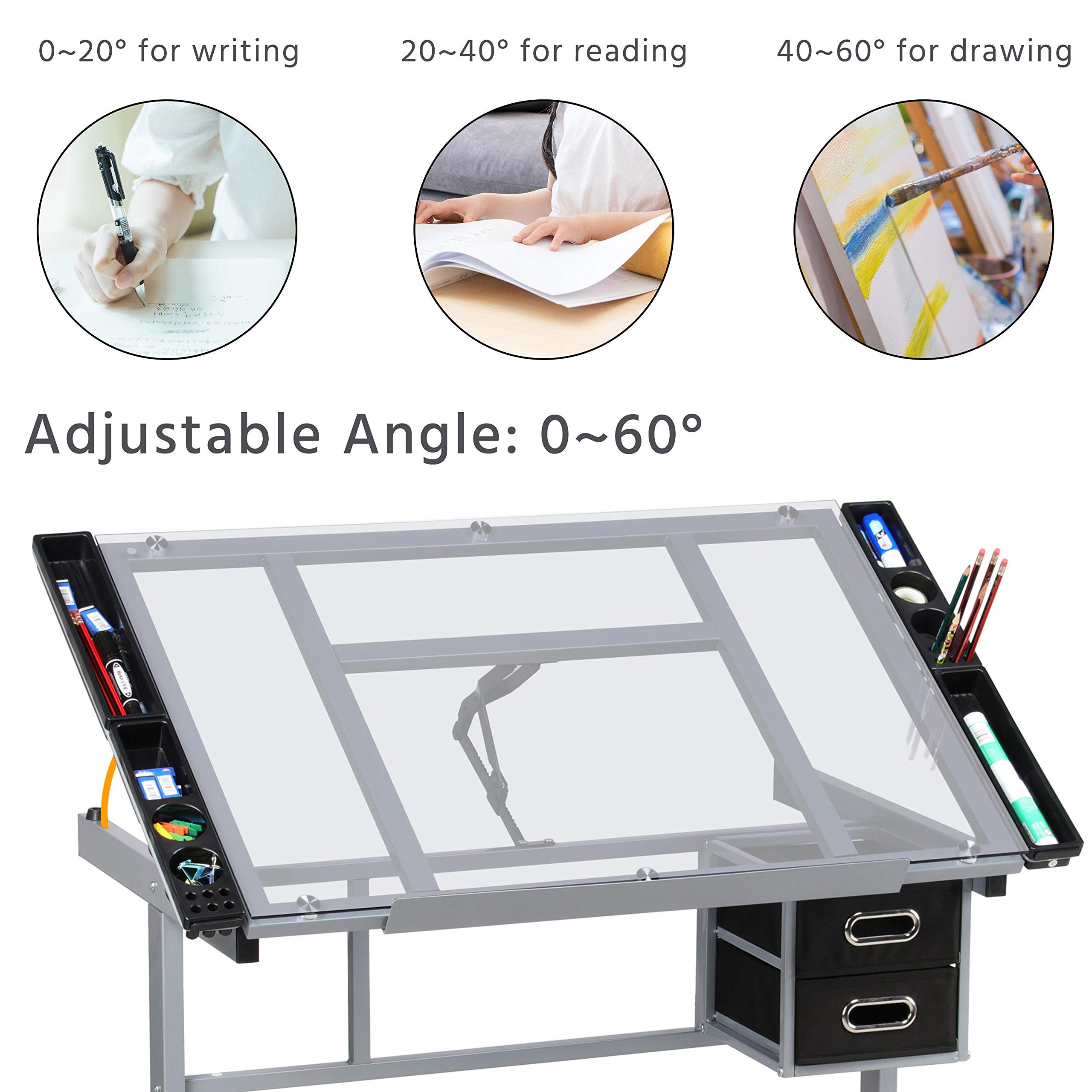 Yaheetech Adjustable Glass Drafting Table Drawing Desk Diamond Art Desk Versatile Art Craft Station Study Table w/ 2 Slide Rolling Wheels and Drawers for Artist Painters Home Office