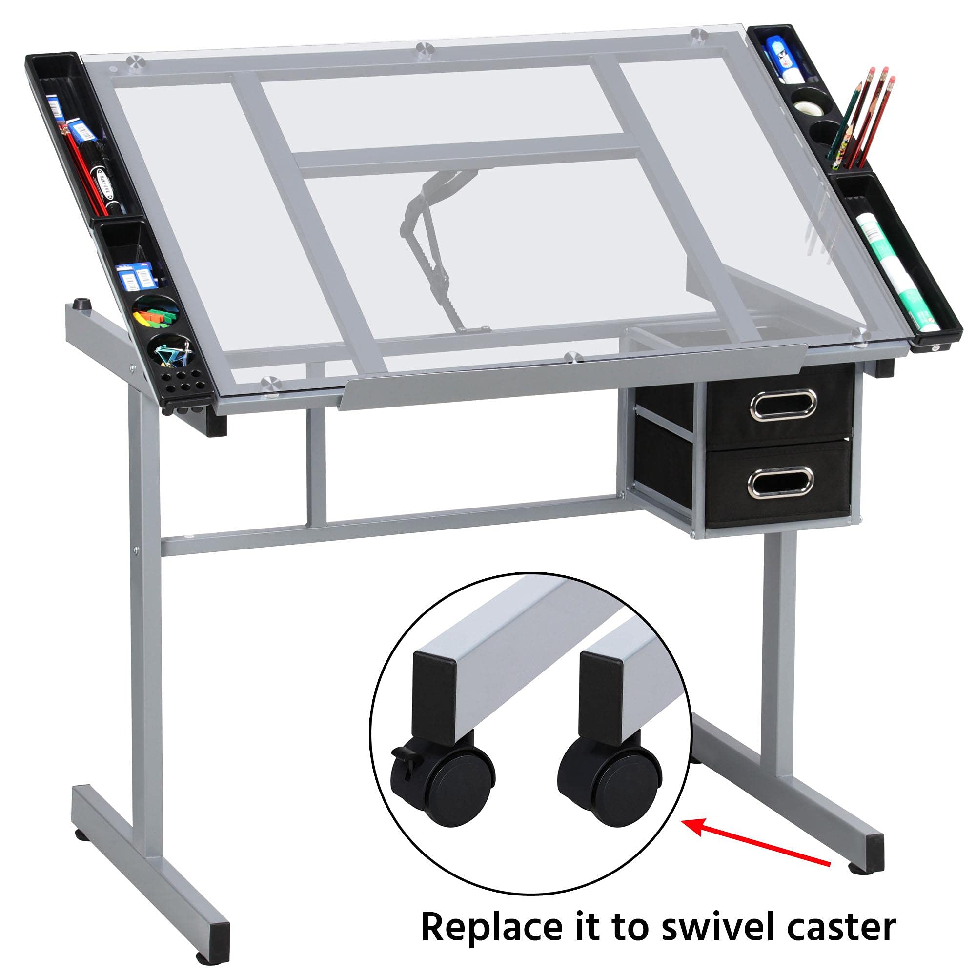 Yaheetech Adjustable Glass Drafting Table Drawing Desk Diamond Art Desk Versatile Art Craft Station Study Table w/ 2 Slide Rolling Wheels and Drawers for Artist Painters Home Office