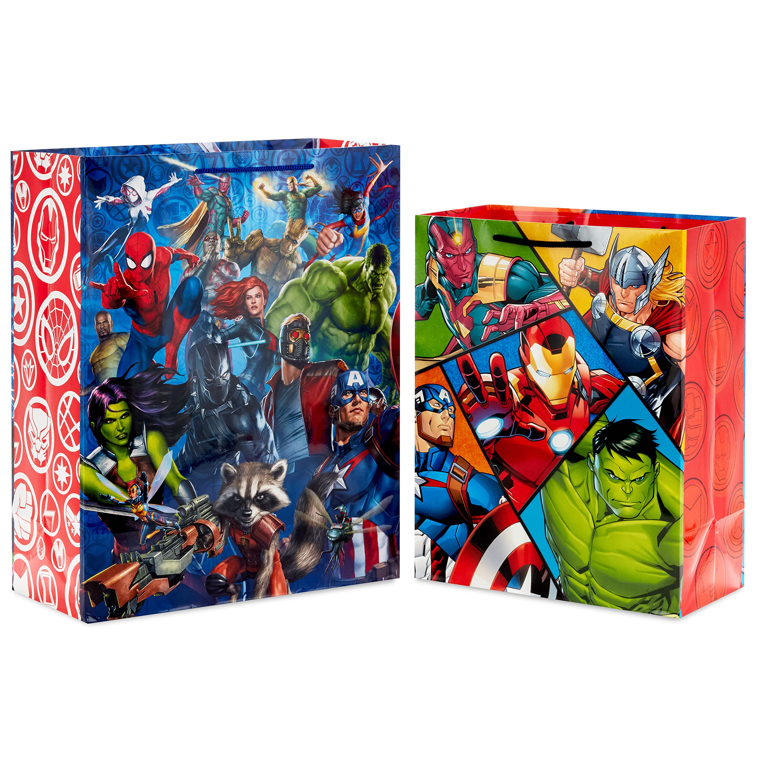 Hallmark Marvel Superhero Gift Bag Set (1 Large 13" Bag and 1 Extra Large 15" Bag) with Spider-Man, Hulk, Thor, Iron Man for Birthdays, Christmas, Halloween