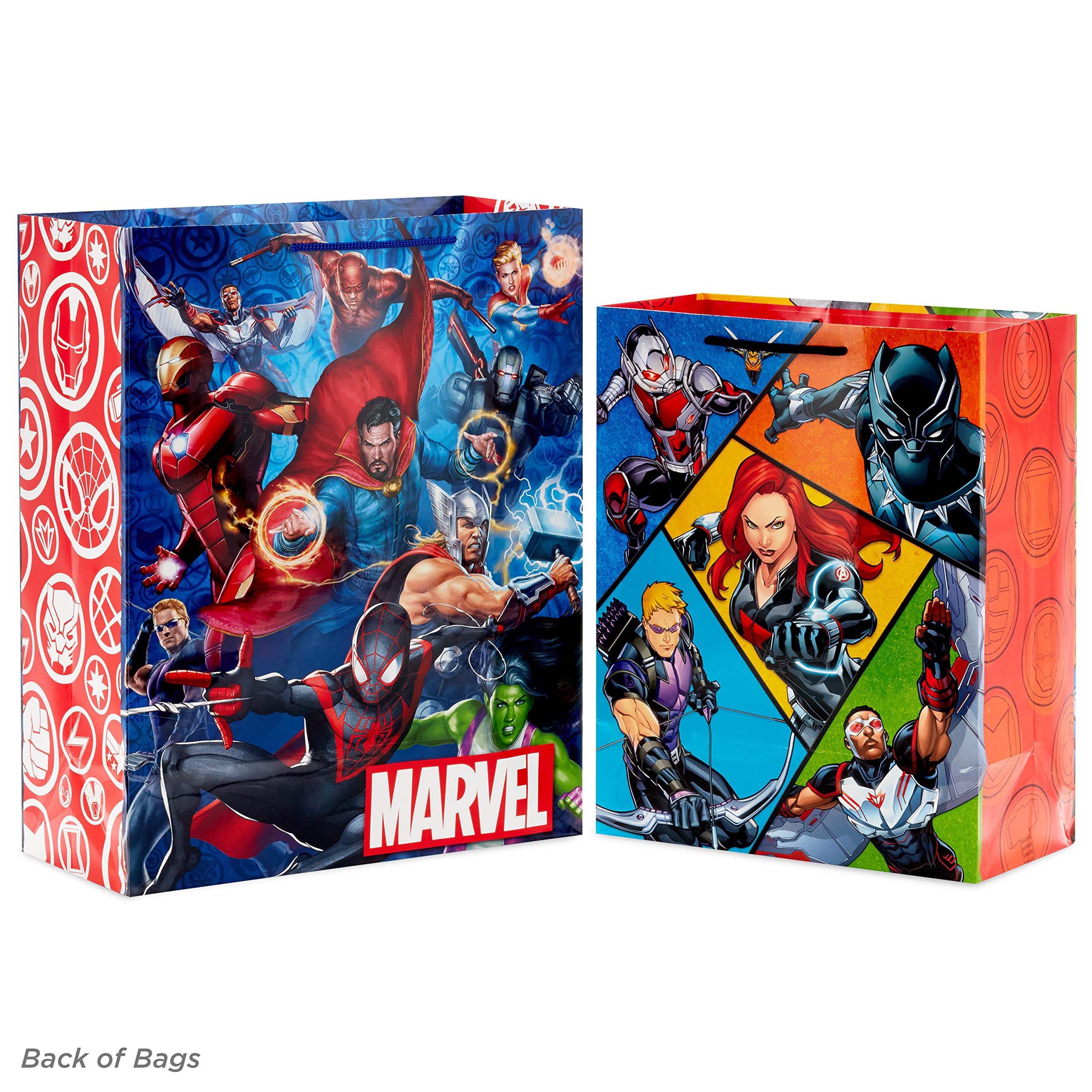 Hallmark Marvel Superhero Gift Bag Set (1 Large 13" Bag and 1 Extra Large 15" Bag) with Spider-Man, Hulk, Thor, Iron Man for Birthdays, Christmas, Halloween
