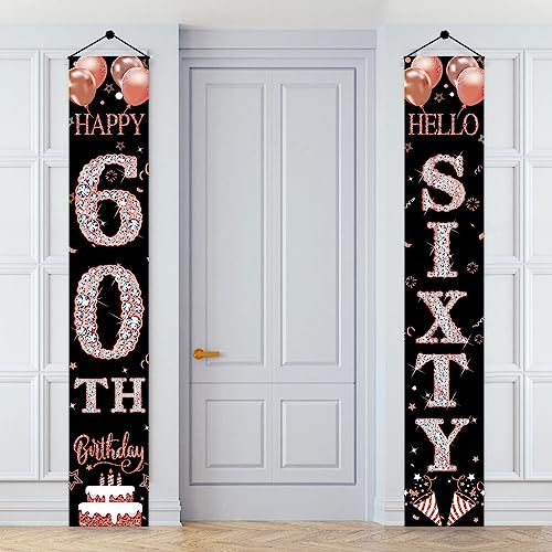 Aodocuto 60th Birthday Door Banner Decorations for Women, Rose Gold Happy 60th Birthday Hello Sixty Porch Sign Party Supplies, 60 Year Old Bday for Indoor Outdoor