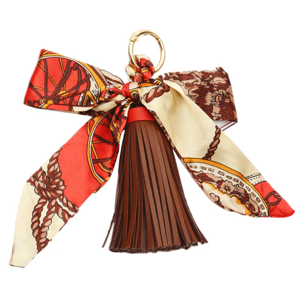 QTMY Silk Ribbon Bow Tassel Bag Pendant Charm Keyring Keychain for Women Purse Handbag Decor (Brown)