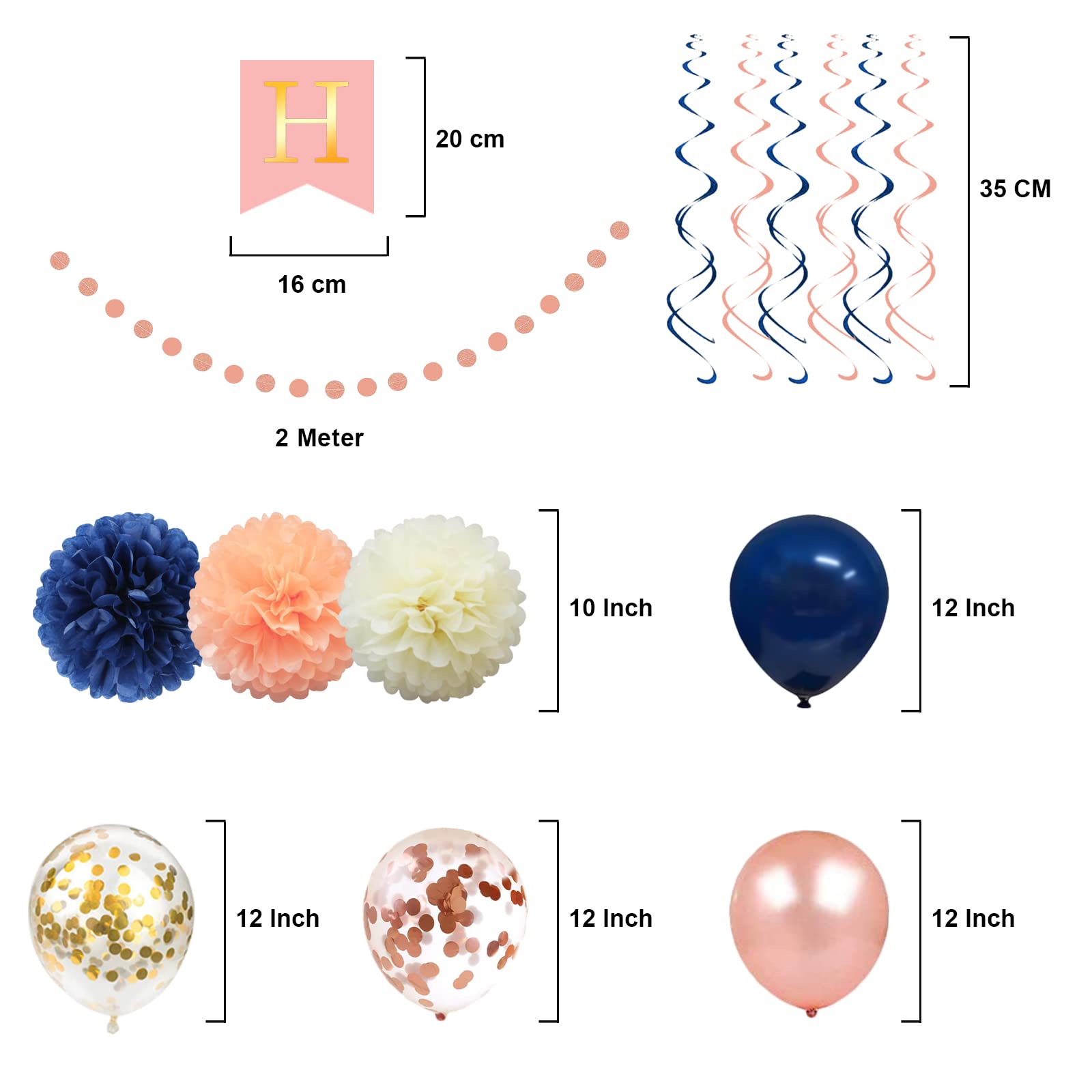Navy Blue Rose Gold Birthday Decorations for 1st 16th 18th 21th 25th 30th 35th 40th 50th 60th 70th Birthday, Happy Birthday Banner, Navy Blue Rose Gold Birthday Party Supplies