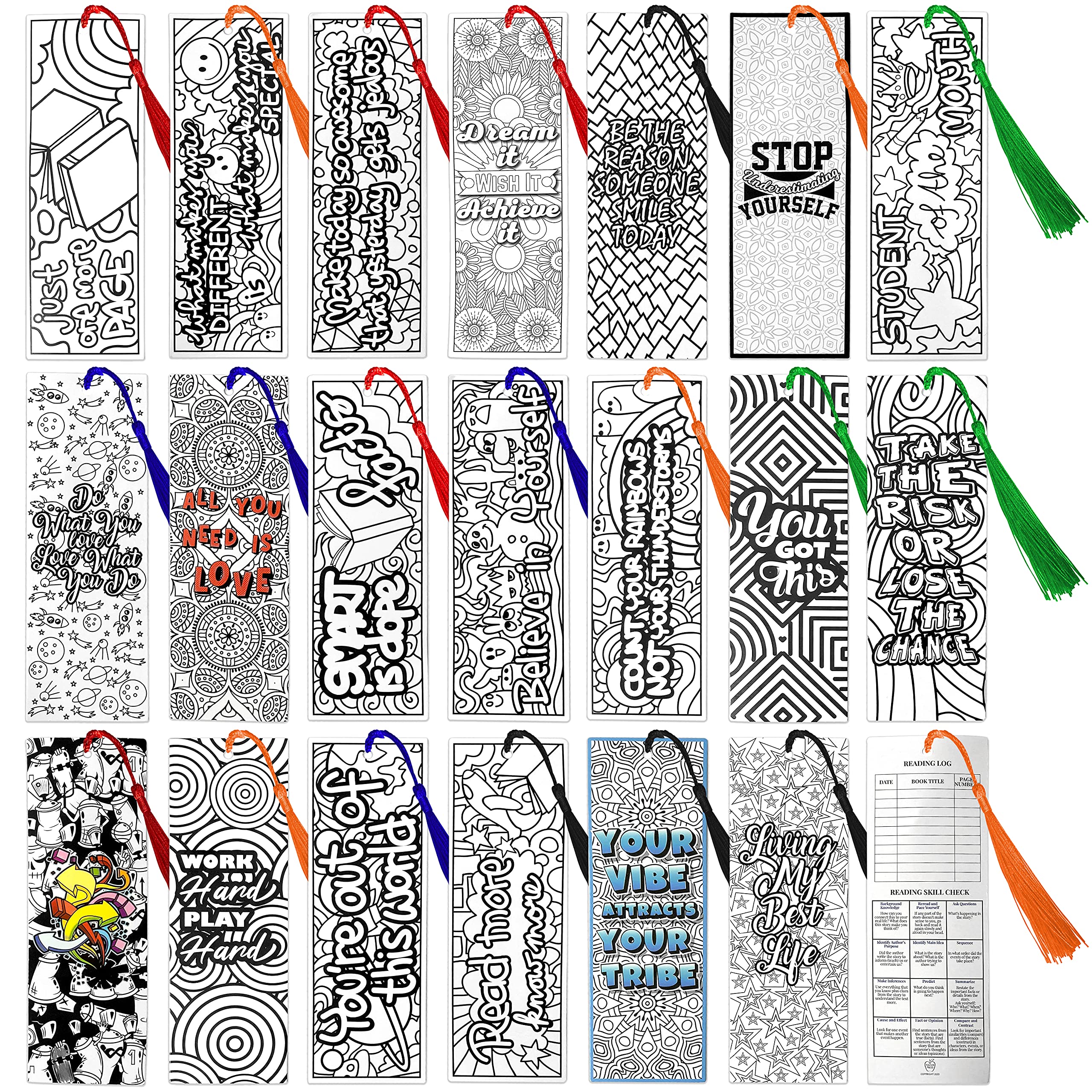 100 Piece DIY Inspirational Bookmarks for Kids, Adults, Teachers, Students Bulk, Bookmarks with Tassel