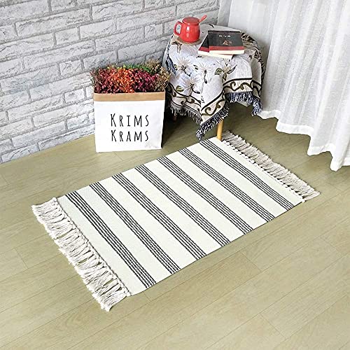 Boho Bathroom Rug 2X3 ft LEEVAN Geometric Cotton Striped Rug with Tassel Door Mat Cotton Line Indoor Floor Mat Bohemian Hand Woven Chic Printed Bedside Rugs for Kitchen Living Room