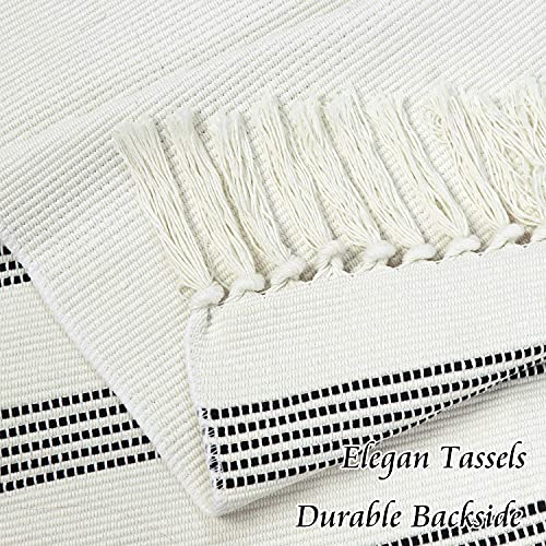 Boho Bathroom Rug 2X3 ft LEEVAN Geometric Cotton Striped Rug with Tassel Door Mat Cotton Line Indoor Floor Mat Bohemian Hand Woven Chic Printed Bedside Rugs for Kitchen Living Room