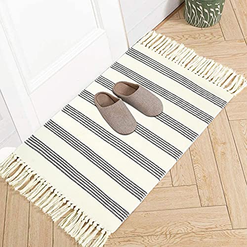 Boho Bathroom Rug 2X3 ft LEEVAN Geometric Cotton Striped Rug with Tassel Door Mat Cotton Line Indoor Floor Mat Bohemian Hand Woven Chic Printed Bedside Rugs for Kitchen Living Room