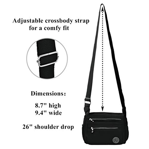 KXF Women's Crossbody Bag Waterproof Nylon Casual Shoulder Bag Messenger Bag Travel Purse Handbag with Multi Pocket, Black