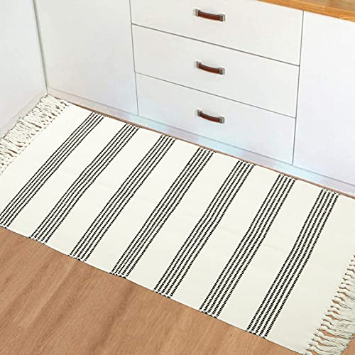 Boho Bathroom Rug 2X3 ft LEEVAN Geometric Cotton Striped Rug with Tassel Door Mat Cotton Line Indoor Floor Mat Bohemian Hand Woven Chic Printed Bedside Rugs for Kitchen Living Room