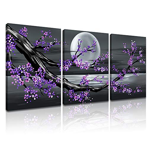 LoveHouse 3 Piece Purple Flower Tree Wall Art for Bedroom Cherry Blossom Tree in Full Moon Night Landscape Canvas Prints Artwork for Home Wall Decoration Ready to Hang 12x16inchx3pcs (Cherry Blossom)