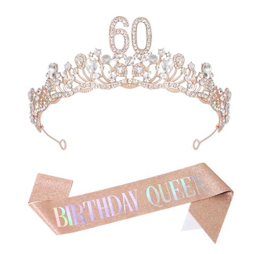 SWEETV 60th Birthday Crown Tiara Sash for Women Rose Gold Birthday Queen Sash and Tiara Crown Set Rhinestone Princess Headband for Birth Day Party Photograph