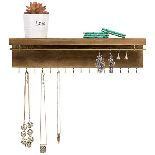 MyGift Wall Mounted Rustic Brown Wood Necklace and Bracelet Jewelry Organizer Rack with Cosmetic Display Shelf, Gold-Tone Metal Hanging Earring Bar and 16 Hooks