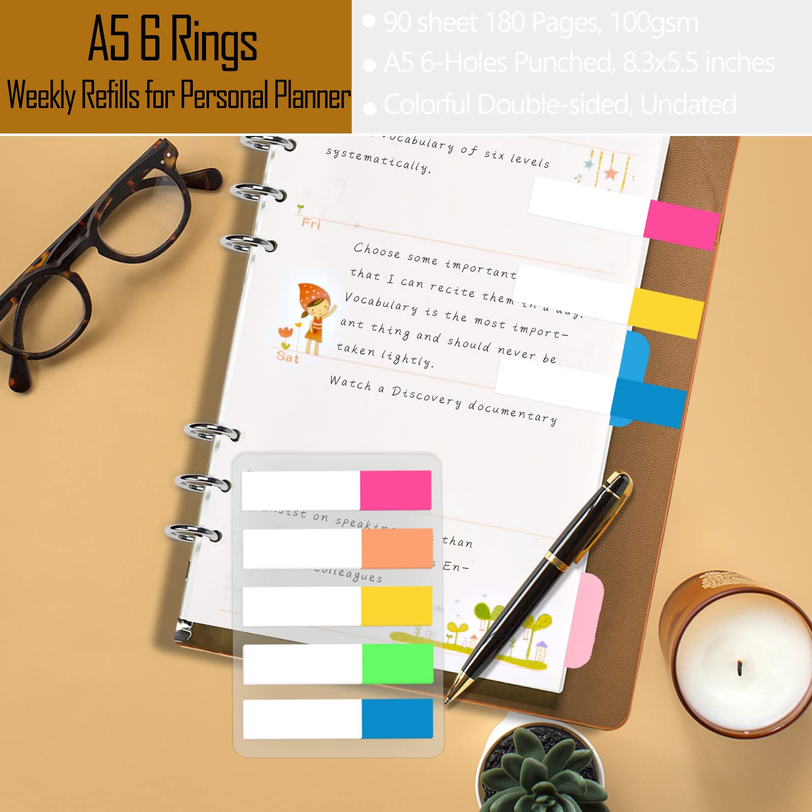 Rancco A5 Planner Inserts Weekly Planner Refills, 90 Pages Colorful 6-Ring Loose-leaf Paper Binder Inserts w/Divider, PVC Pouch, Ruler, Index Tab for Journal, Filofax, Double-sided, Undated, 8.3x5.6"