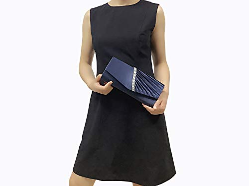 CHARMING TAILOR Evening Handbag Crystal Embellished Purse Pleated Satin Clutch (Navy Blue)