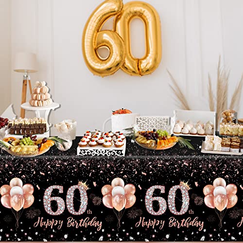 GREHUMOR 3Pcs 60th Birthday Tablecloth Decorations for Women-Rose Gold Pink Table Cloth Happy 60 Birthday Theme Party Supplies Table Cover Plastic Disposable Rectangular Party Decorations