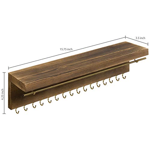 MyGift Wall Mounted Rustic Brown Wood Necklace and Bracelet Jewelry Organizer Rack with Cosmetic Display Shelf, Gold-Tone Metal Hanging Earring Bar and 16 Hooks