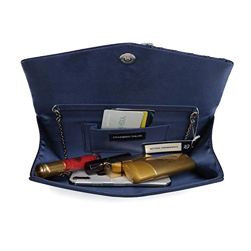 CHARMING TAILOR Evening Handbag Crystal Embellished Purse Pleated Satin Clutch (Navy Blue)