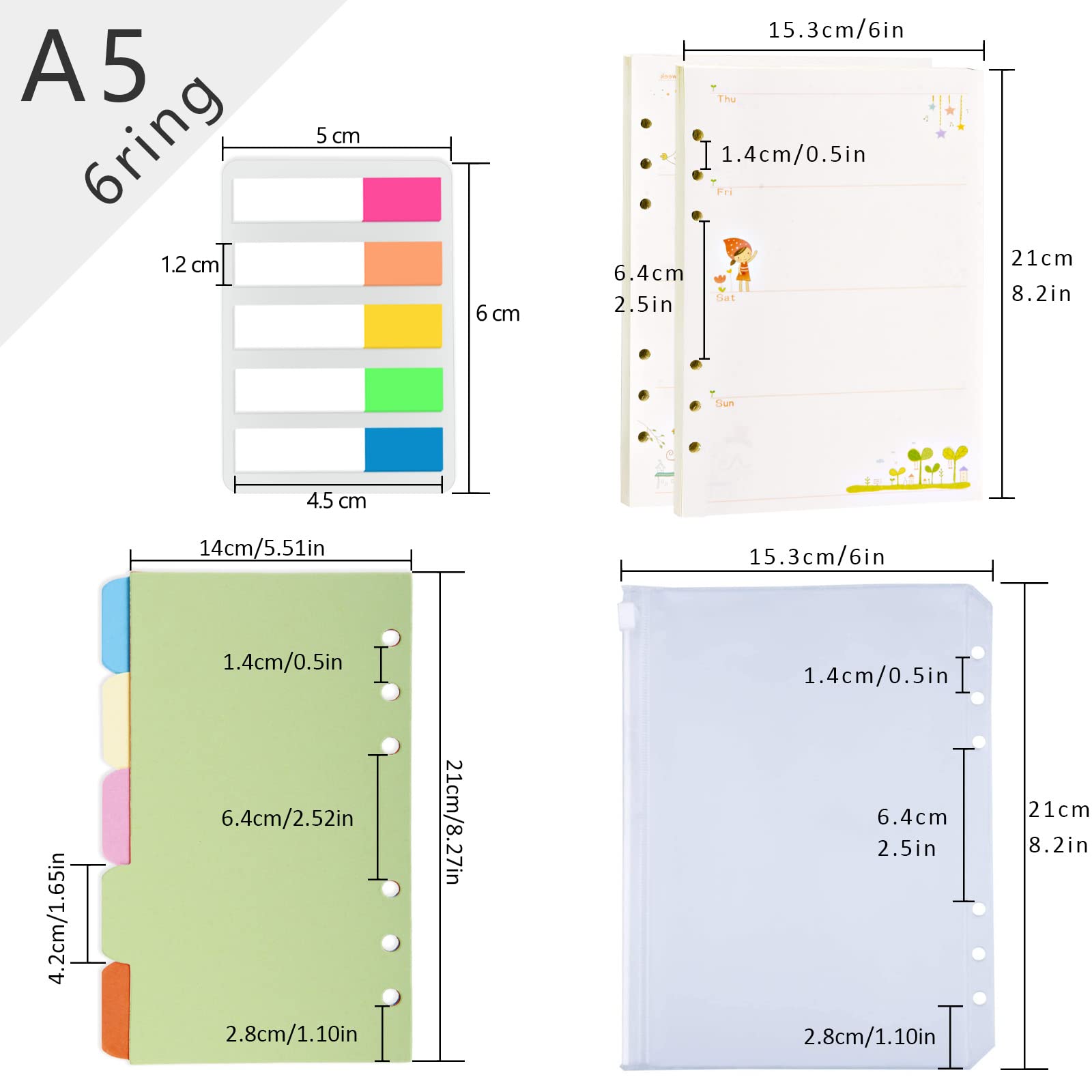 Rancco A5 Planner Inserts Weekly Planner Refills, 90 Pages Colorful 6-Ring Loose-leaf Paper Binder Inserts w/Divider, PVC Pouch, Ruler, Index Tab for Journal, Filofax, Double-sided, Undated, 8.3x5.6"
