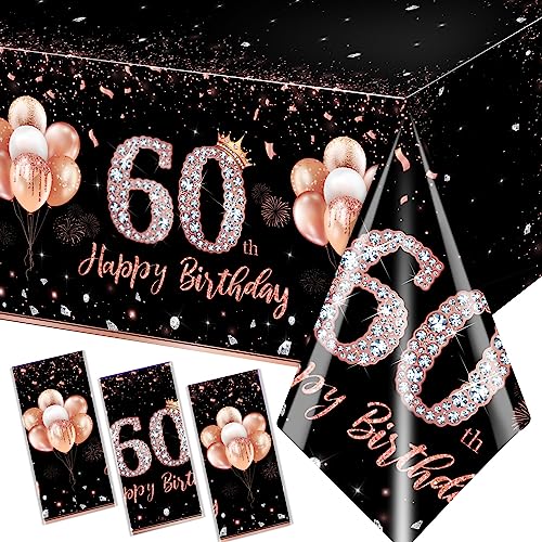 GREHUMOR 3Pcs 60th Birthday Tablecloth Decorations for Women-Rose Gold Pink Table Cloth Happy 60 Birthday Theme Party Supplies Table Cover Plastic Disposable Rectangular Party Decorations