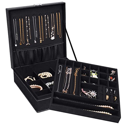 MOSISO Jewelry Box, Jewelry Storage Case Organizer Stackable Double Layer Lockable Display for Teens Girl/Women Velvet Necklace Earring Bracelet Ring Watch Brooch Holder, Black