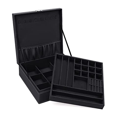 MOSISO Jewelry Box, Jewelry Storage Case Organizer Stackable Double Layer Lockable Display for Teens Girl/Women Velvet Necklace Earring Bracelet Ring Watch Brooch Holder, Black