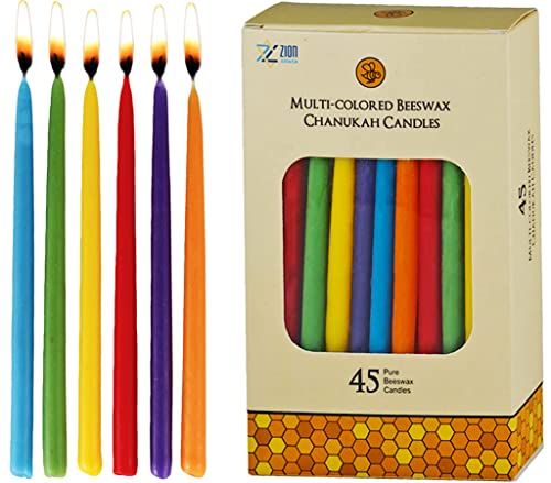 Zion Judaica Hanukkah Deluxe Nartural Beeswax Candles 5.75" Tall for Multi Colored Bee Wax Candle Set of 45 for Chanukah Menorah, Parties, Decorations