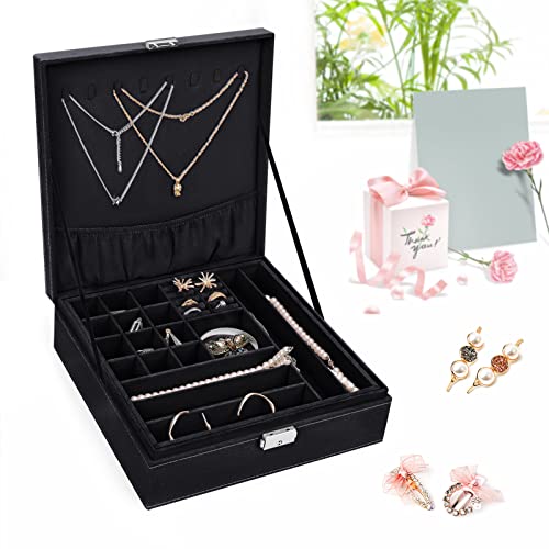 MOSISO Jewelry Box, Jewelry Storage Case Organizer Stackable Double Layer Lockable Display for Teens Girl/Women Velvet Necklace Earring Bracelet Ring Watch Brooch Holder, Black