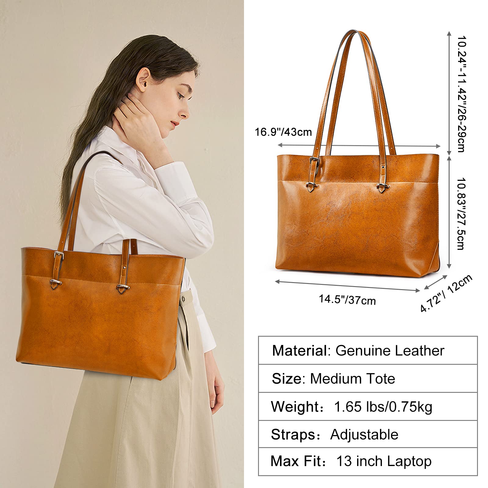 S-ZONE Women Vintage Genuine Leather Tote Shoulder Bag Handbag Upgraded Version Medium
