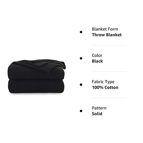Black Cotton Cable Knit Throw Blanket for Couch Sofa Chair Bed Home Decorative, 3.4 Pounds 60 x 80 Inch Lightweight Woven Throw Blankets with Bonus Laundering Bag