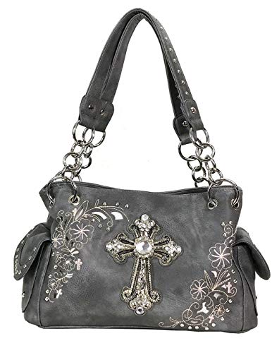 Zzfab Rhinestone Cross Embroidered Floral Western Handbag Grey