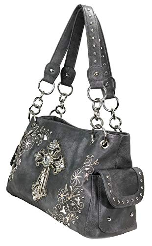 Zzfab Rhinestone Cross Embroidered Floral Western Handbag Grey