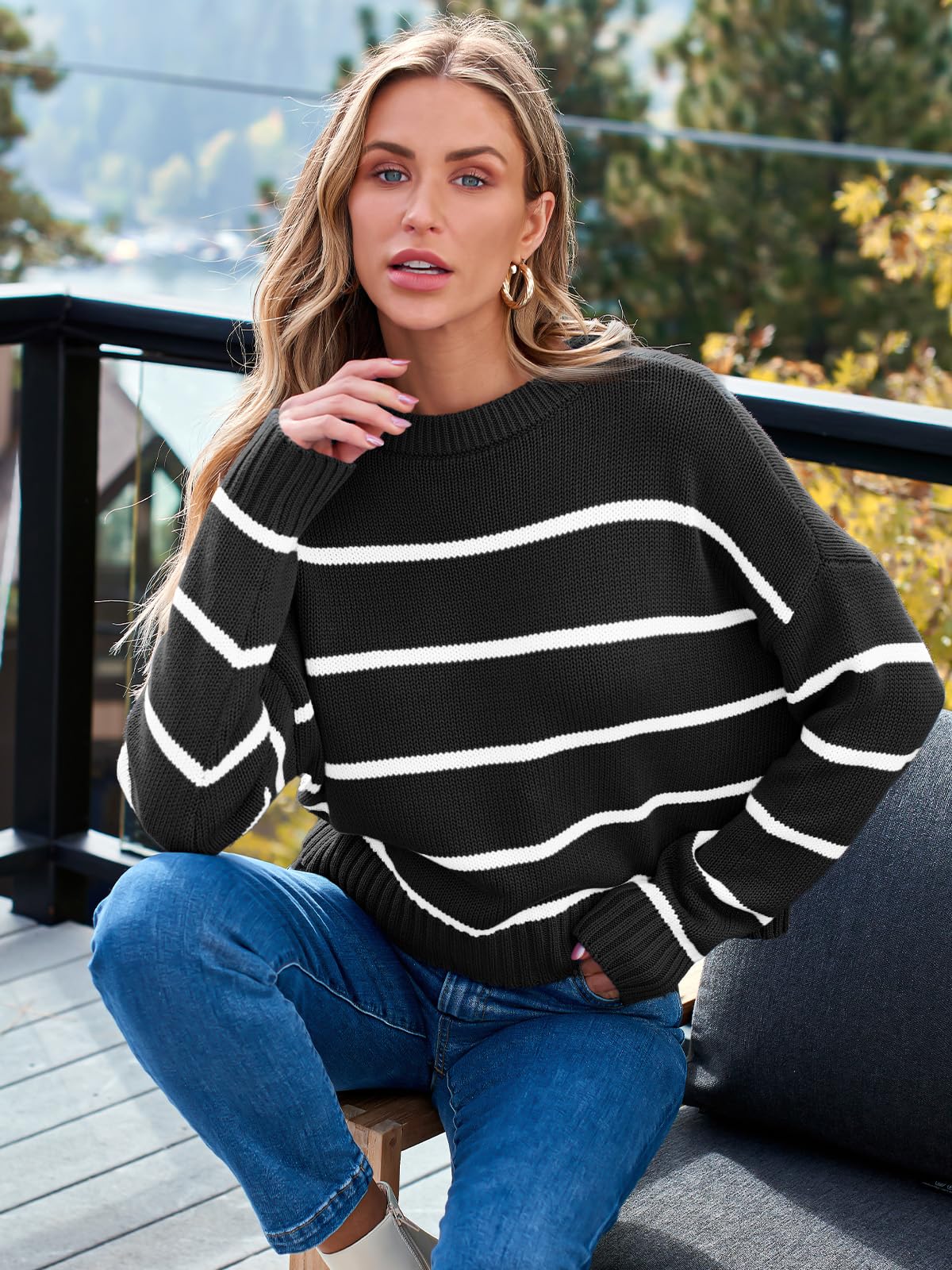 LILLUSORY Womens Cropped Striped Sweater 2025 Trendy Casual Pullover Ribbed Knit Cute Crewneck Lightweight Cotton Cozy Checkred Sweaters Black M