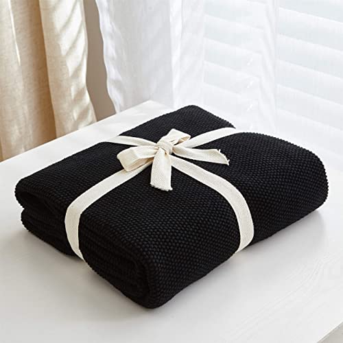 Black Cotton Cable Knit Throw Blanket for Couch Sofa Chair Bed Home Decorative, 3.4 Pounds 60 x 80 Inch Lightweight Woven Throw Blankets with Bonus Laundering Bag