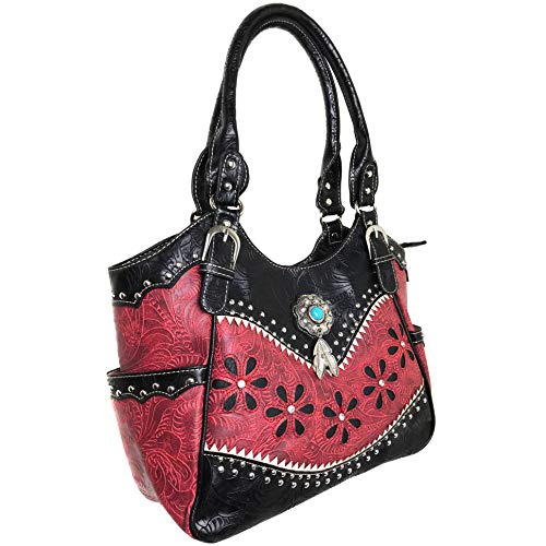 Zelris Floral Western Pu Tooled Leather Turquoise Concho Feathers Conceal Carry Women Tote Purse Handbag (Red)
