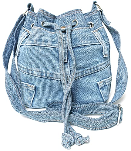 Bijoux De Ja Upcycling Blue Denim Jeans Small Drawstring Crossbody Bag Bucket Pouch Sac Shoulder Handbag Purse