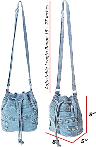 Bijoux De Ja Upcycling Blue Denim Jeans Small Drawstring Crossbody Bag Bucket Pouch Sac Shoulder Handbag Purse