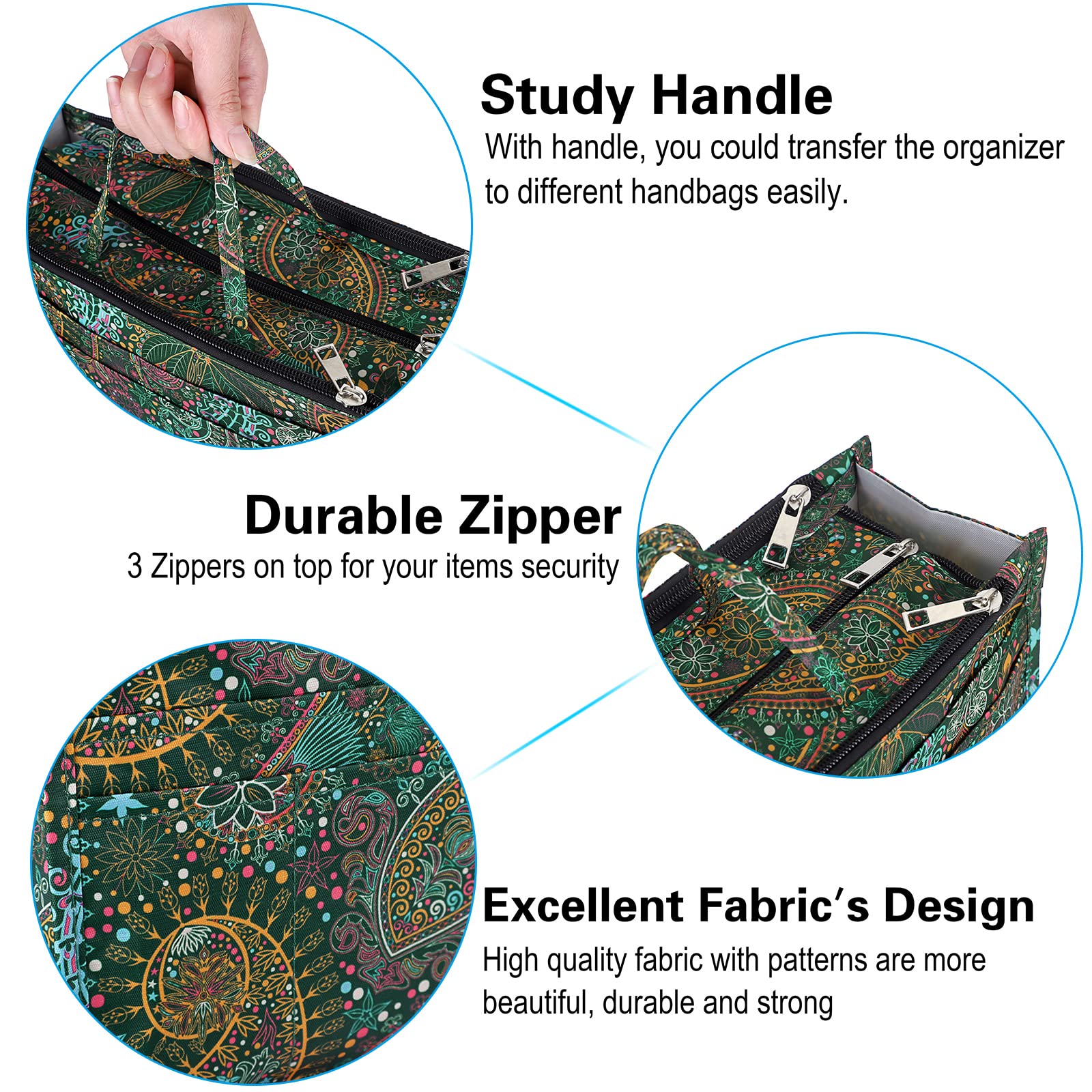 BTSKY Printing Handbag Organizers Inside Purse Insert - High Capacity 13 Pockets Bag Tote Organizer with Handle (Green Lotus)