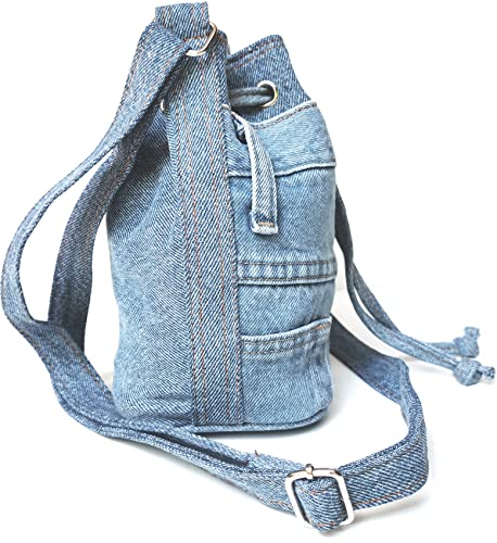 Bijoux De Ja Upcycling Blue Denim Jeans Small Drawstring Crossbody Bag Bucket Pouch Sac Shoulder Handbag Purse