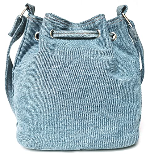 Bijoux De Ja Upcycling Blue Denim Jeans Small Drawstring Crossbody Bag Bucket Pouch Sac Shoulder Handbag Purse