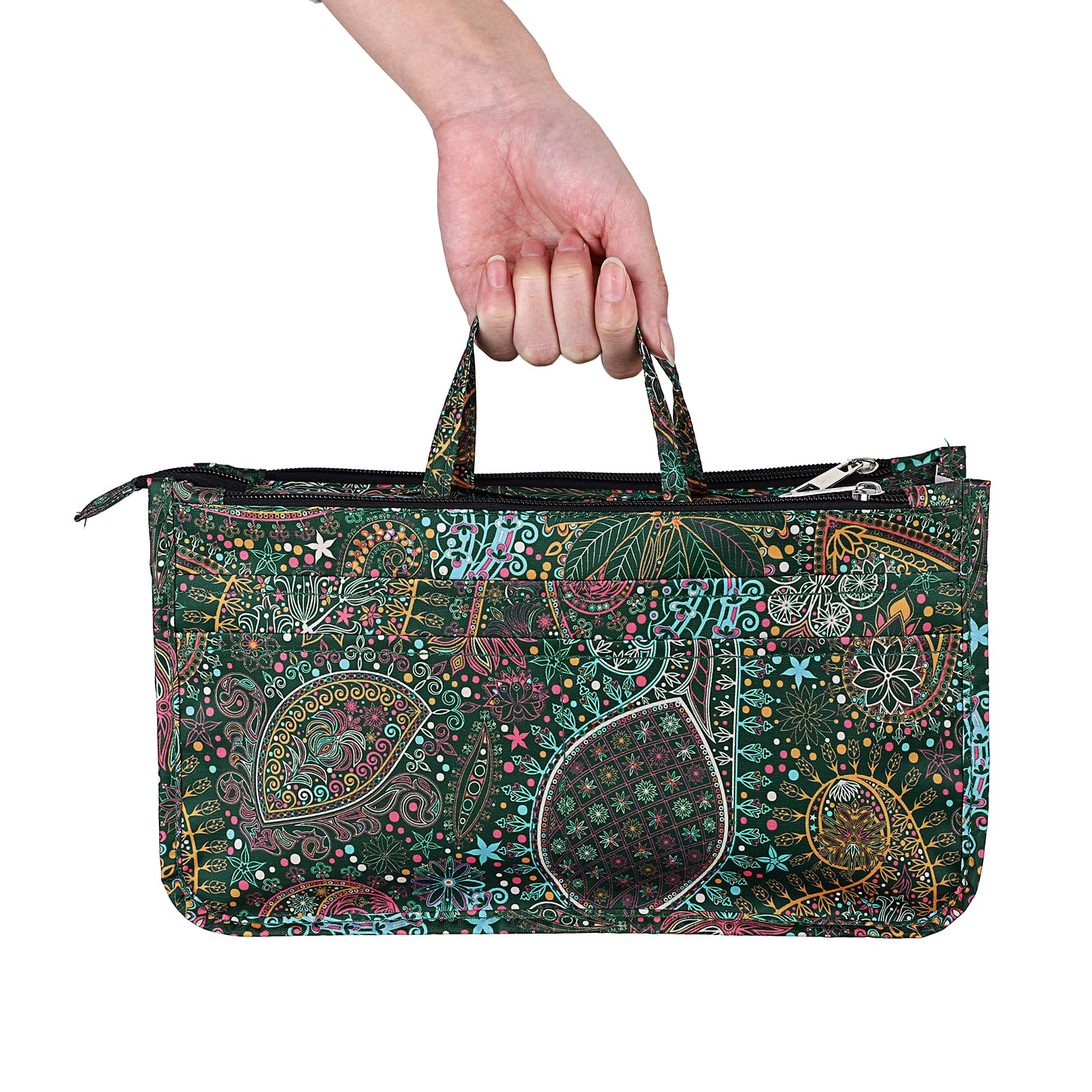 BTSKY Printing Handbag Organizers Inside Purse Insert - High Capacity 13 Pockets Bag Tote Organizer with Handle (Green Lotus)